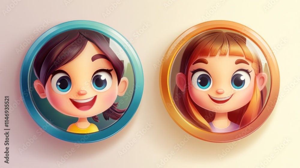 Realistic 3D-style cartoon characters of a smiling woman and a young ...