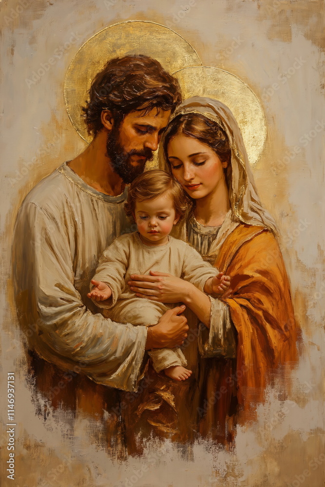 Virgin Mary and Saint Joseph holding baby Jesus Christ. Classic oil ...