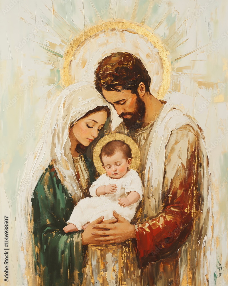 Virgin Mary and Saint Joseph holding baby Jesus Christ. Classic old oil ...