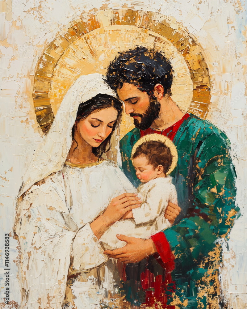 Virgin Mary and Saint Joseph holding baby Jesus Christ. Old classic oil ...