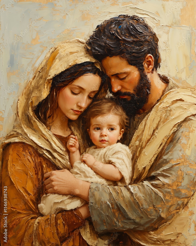 Virgin Mary and Saint Joseph holding baby Jesus Christ. Oil painting of ...