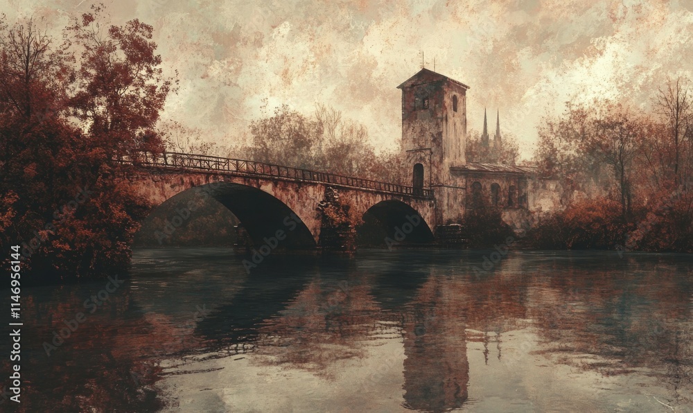 Moody Autumn River Scene with Bridge and Ruined Building. Atmospheric ...