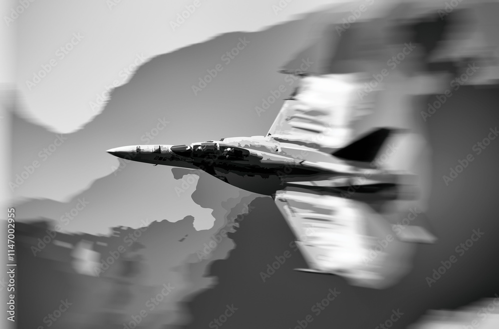 Dynamic black and white illustration of a military fighter jet in ...