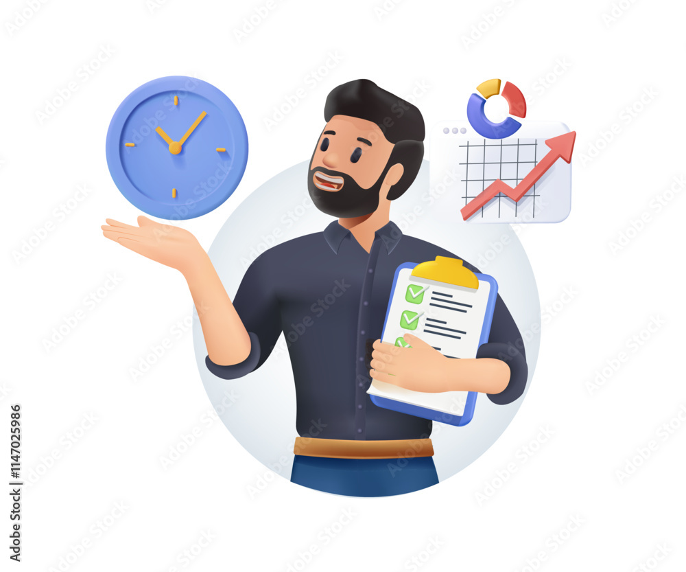 Time management illustration in 3D style. Concept illustration of man ...