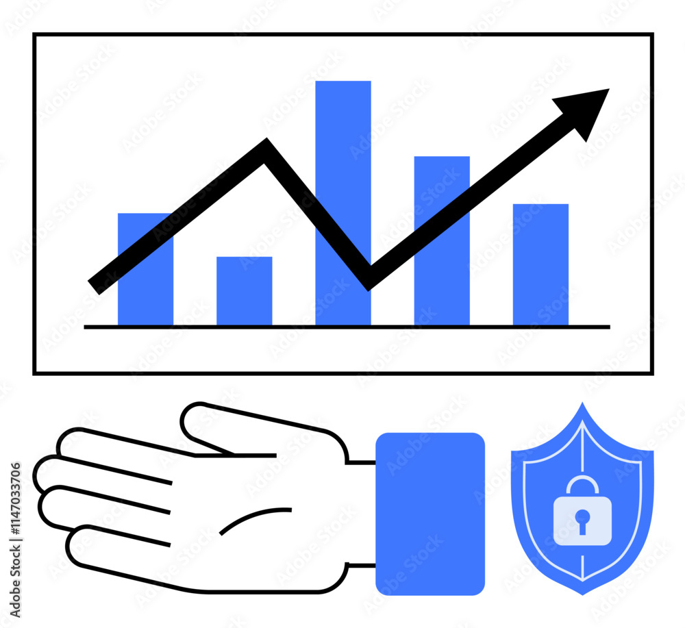 Bar graph with upward arrow, open hand, and shield with padlock. Ideal ...