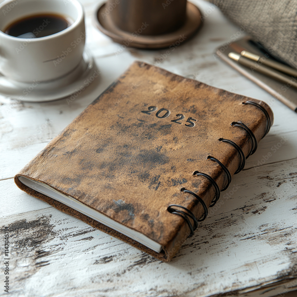 Notebook diary 2025. Diary on the table. Calendar 2025, notes ...