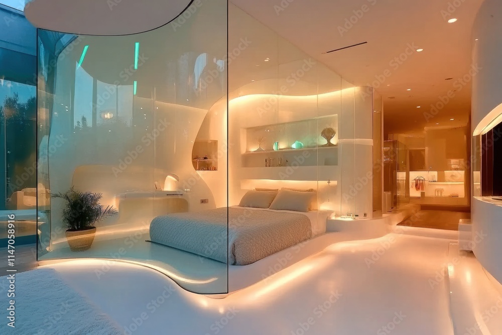 Large, modern bedroom with a glass bed frame and a white bed. Banner ...