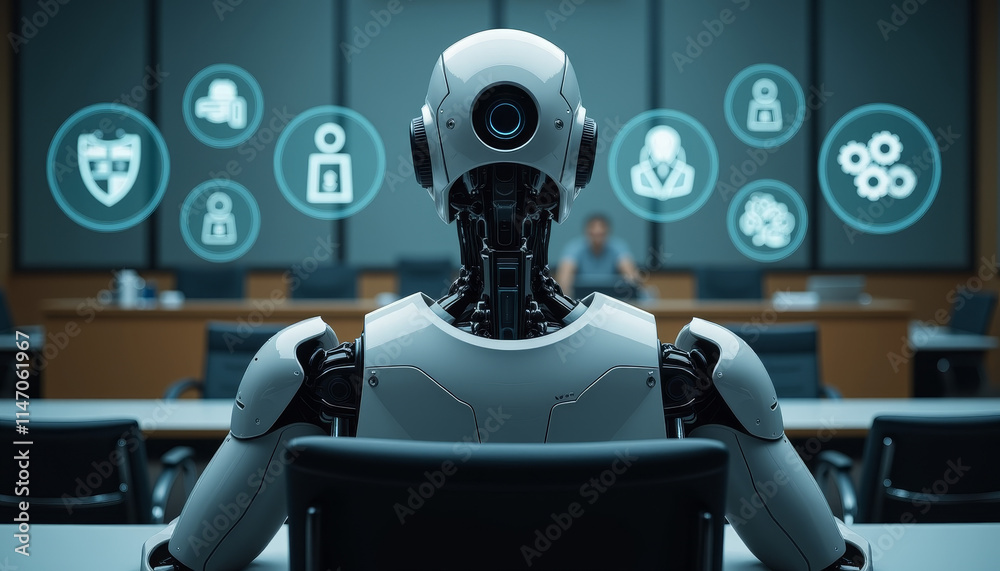 Innovative robot judge presiding over a futuristic courtroom with ...
