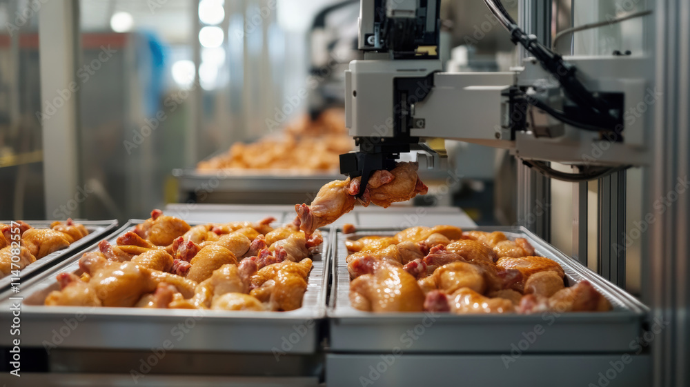Clean industrial poultry production facility with robotic arms sorting ...