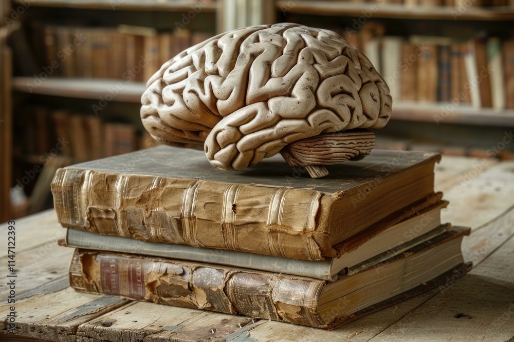 Anatomical brain model placed on top of old books in a library ...