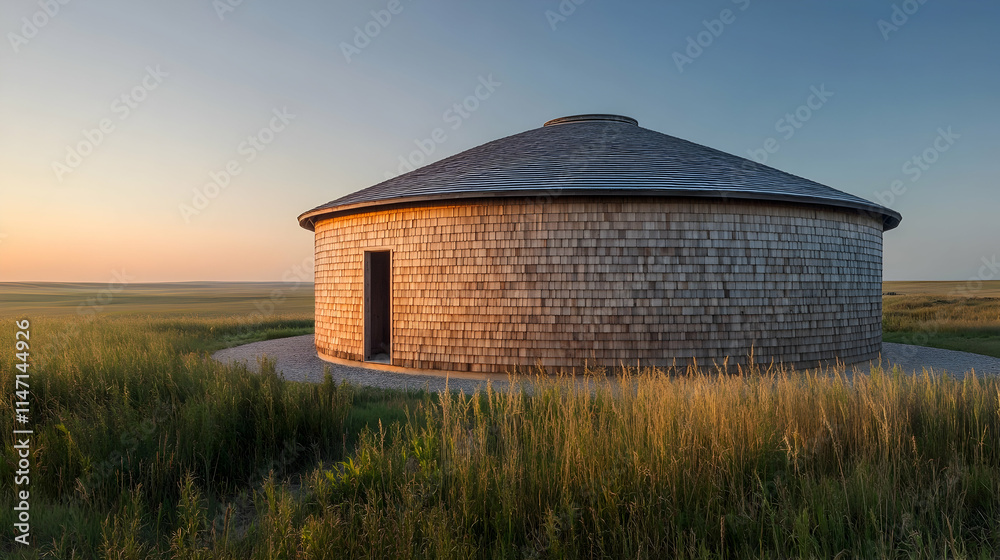 Oklahoma Round Barn with wooden shingles and open prairie views, iconic ...