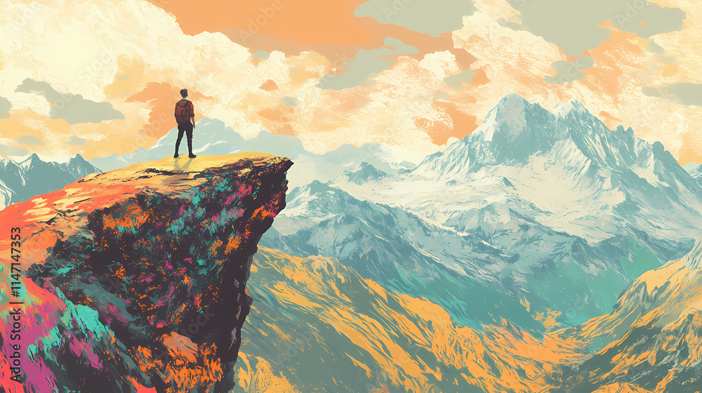 Man, standing on craggy cliff edge, with view of vast mountain range, created with generative ai ...
