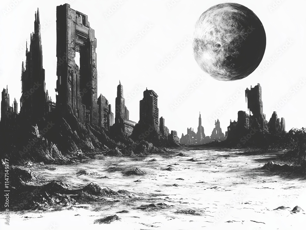Monochromatic depiction of a desolate futuristic city with tall ...
