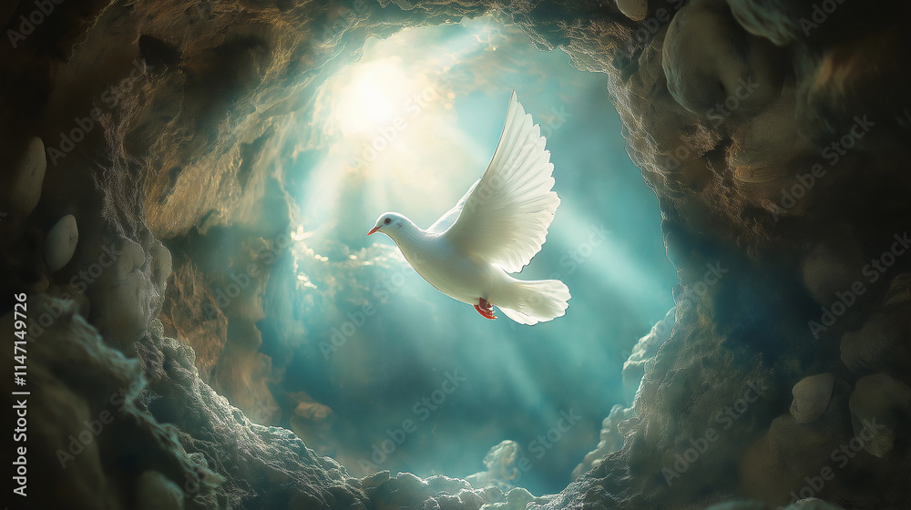 Dove fly out cave, wing soar into light heaven sky, symbolize ...