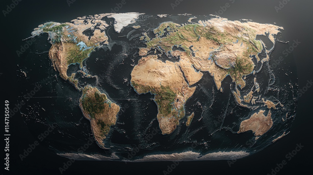 Detailed 3D topographic world map showing continents, oceans, and ...