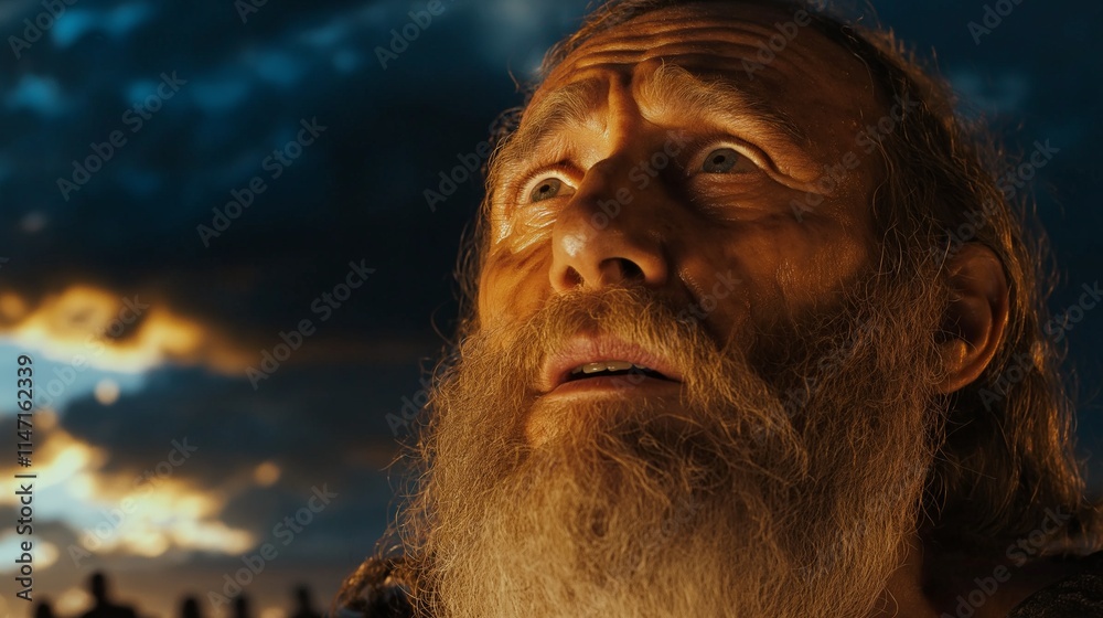 Moses looking up facing the sea, close-up on his face, Moses in the ...