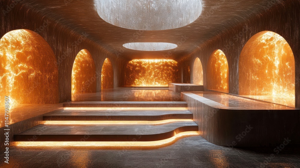 Luxurious spa interior with backlit marble arches, reflecting pool, and ...