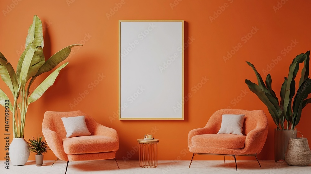Mockup frame in a playful interior, orange room with funky furniture ...