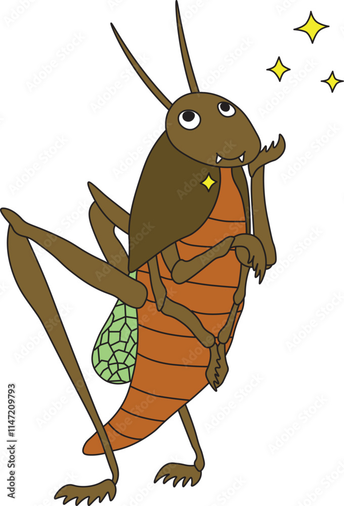 brown contented happy locust stands on hind legs smiling holds his paw ...
