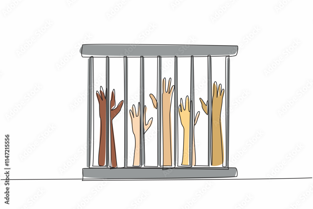 Continuous one line drawing five hands raised in cage. Slave trade that ...