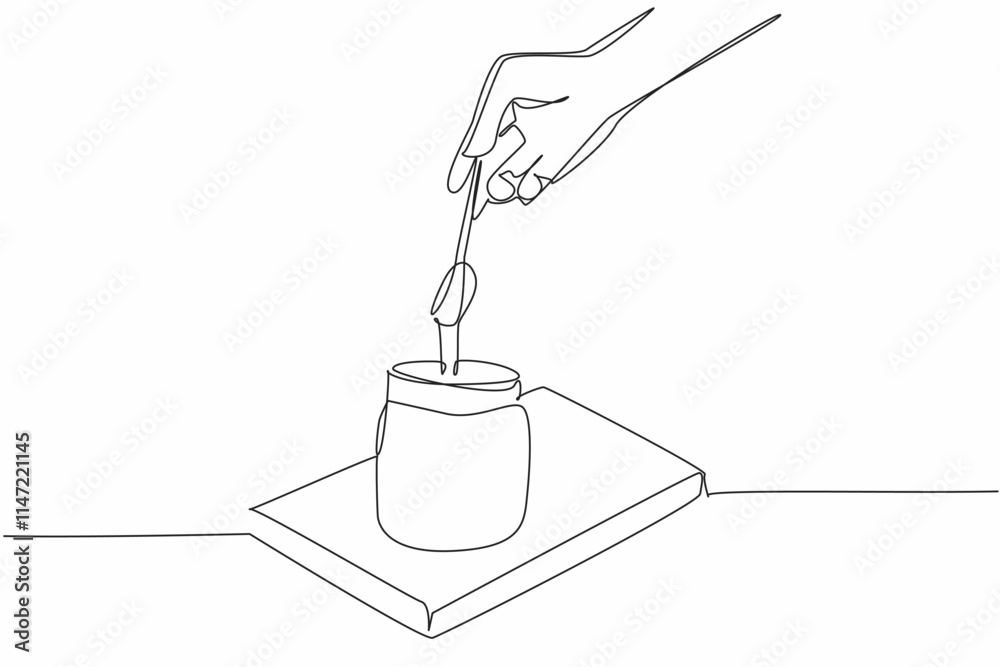 Single continuous line drawing hand holding a spoon filled with caramel ...