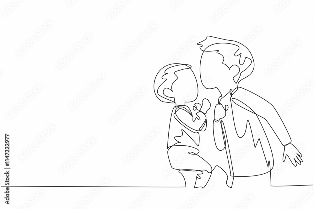 Single continuous line drawing boy kisses his forehead of baby brother ...