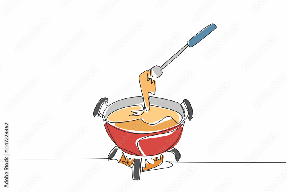 Continuous one line drawing pan heated over fire, inside the pan is ...