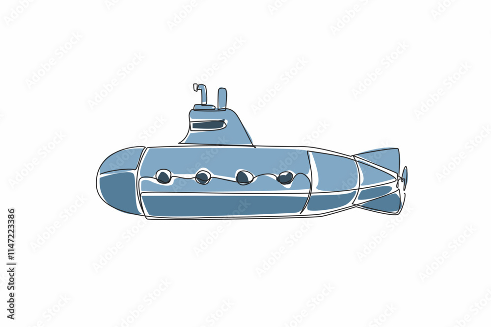 Single continuous line drawing the submarine with four porthole. Marine ...