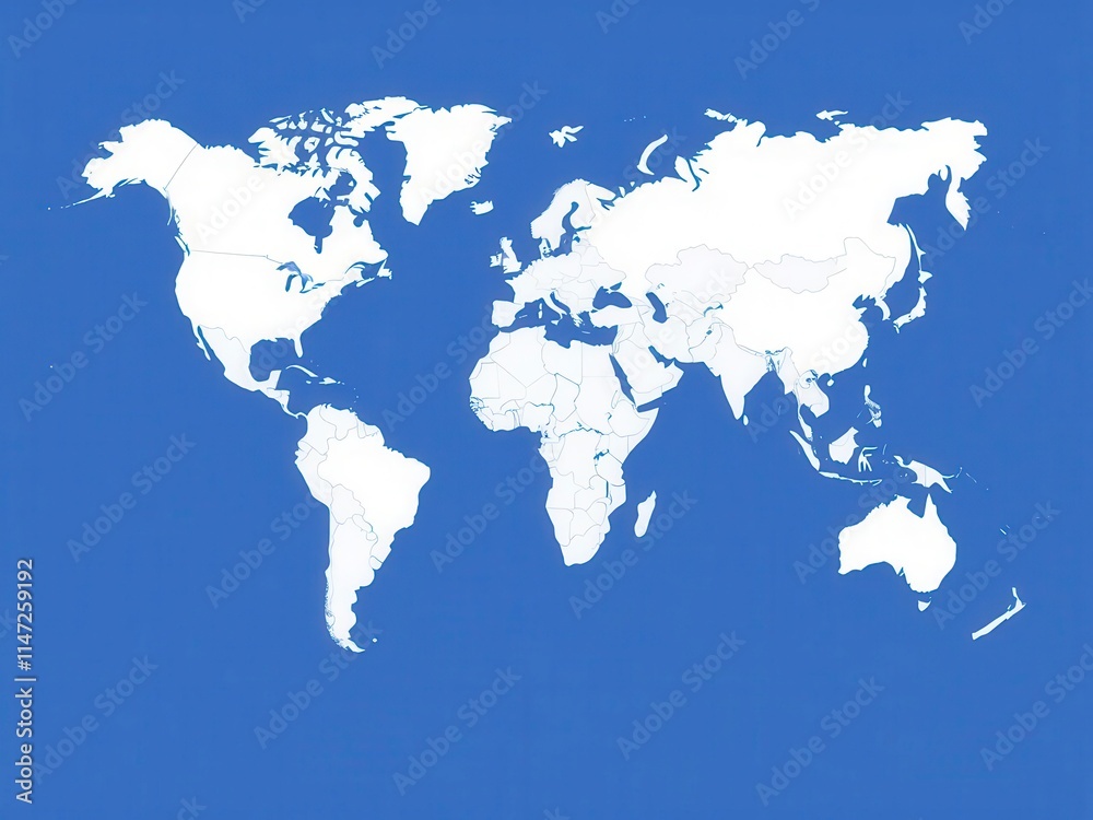 World political map in blue and white colors, showing countries and ...