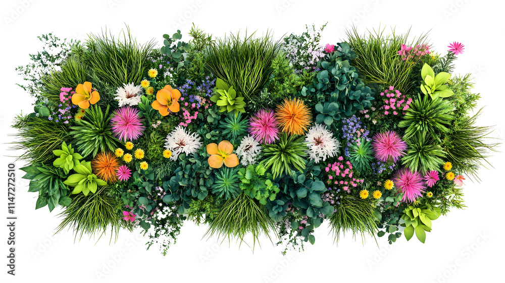 Top view Evergreen colorful flowers and grass field in nature with ...