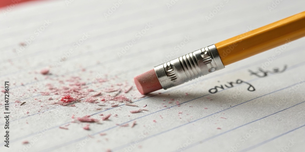 A yellow pencil with a pink eraser is lying on lined paper, leaving a ...