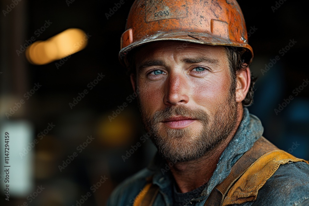 Full body portrait of a muscular construction worker at a job site ...