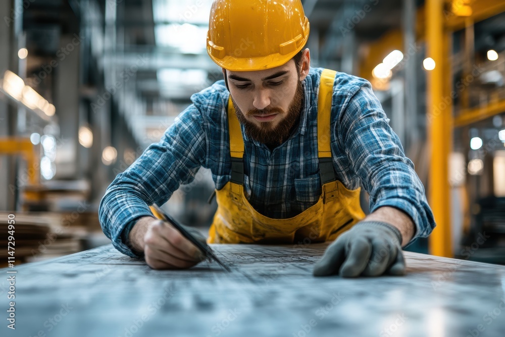 Skilled worker marking plans for construction project indoors at ...