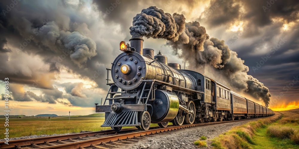 Steam locomotive train chugging down tracks with cloudy sky background ...