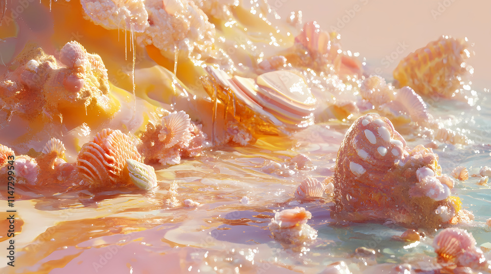 Coral fragments submerged in a dripping pool of water, beachy scene ...