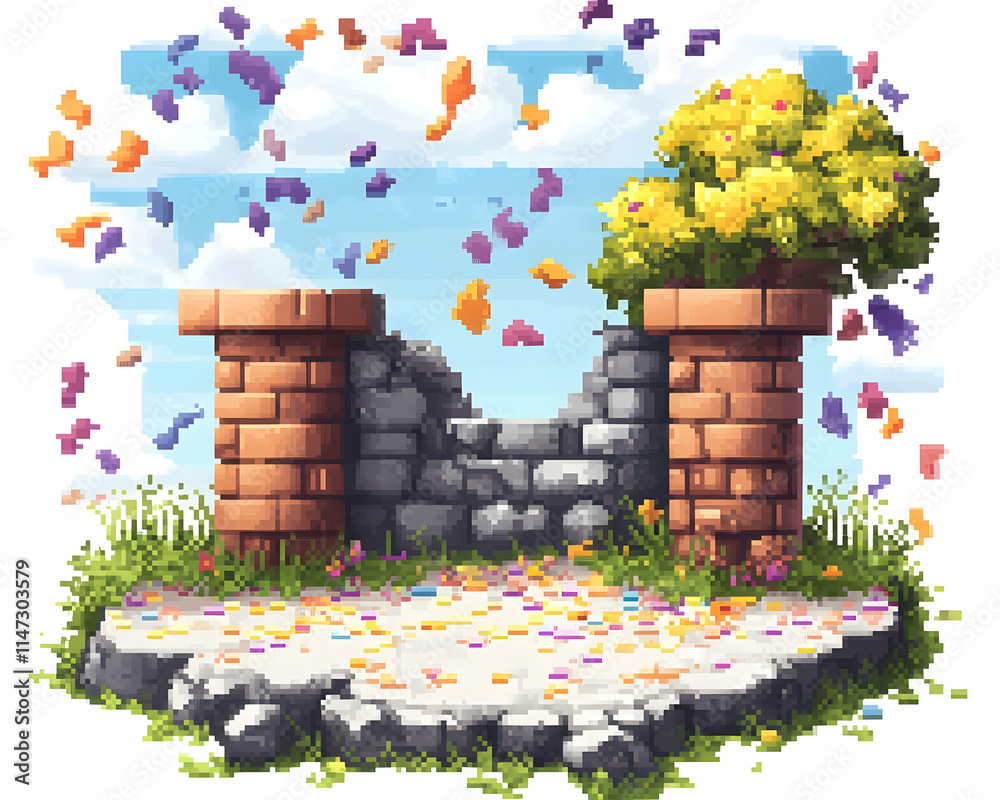 Pixel art ruins, confetti, spring, rebirth, game asset, background ...