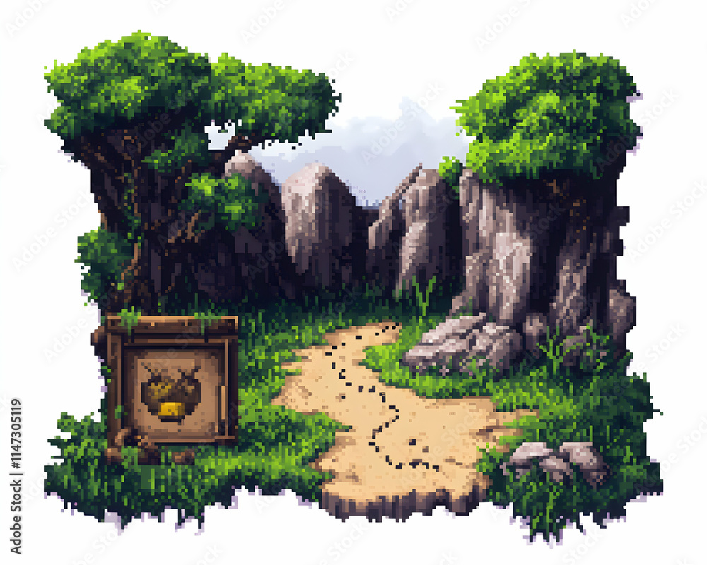 Pixel art trail map game background, rocky path, lush greenery ...