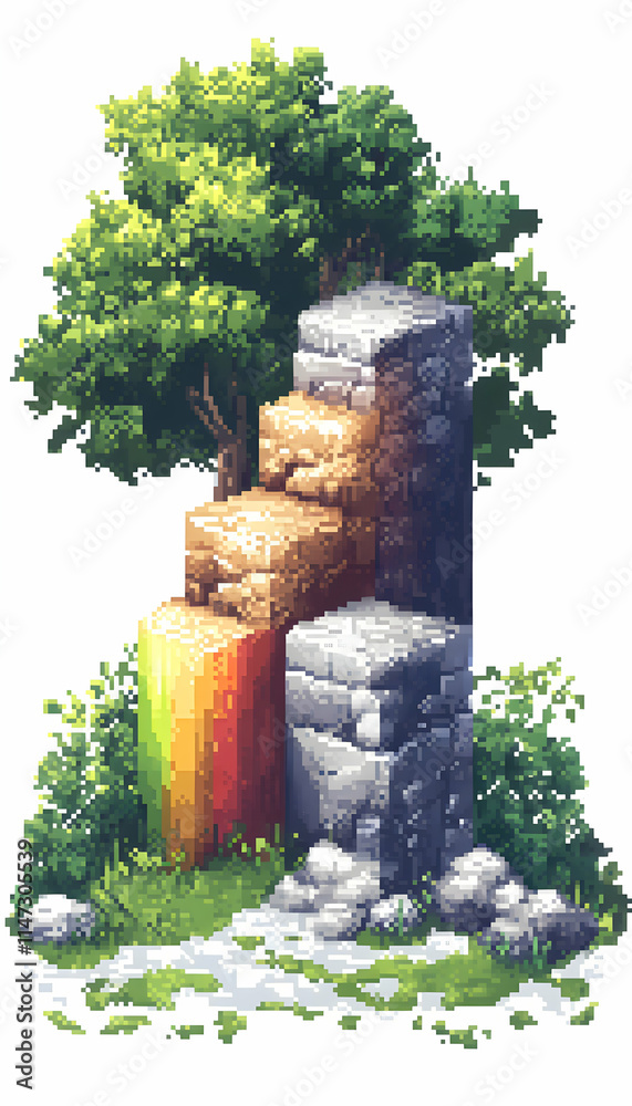 Pixel art tree growth stages infographic, stone background, nature game ...