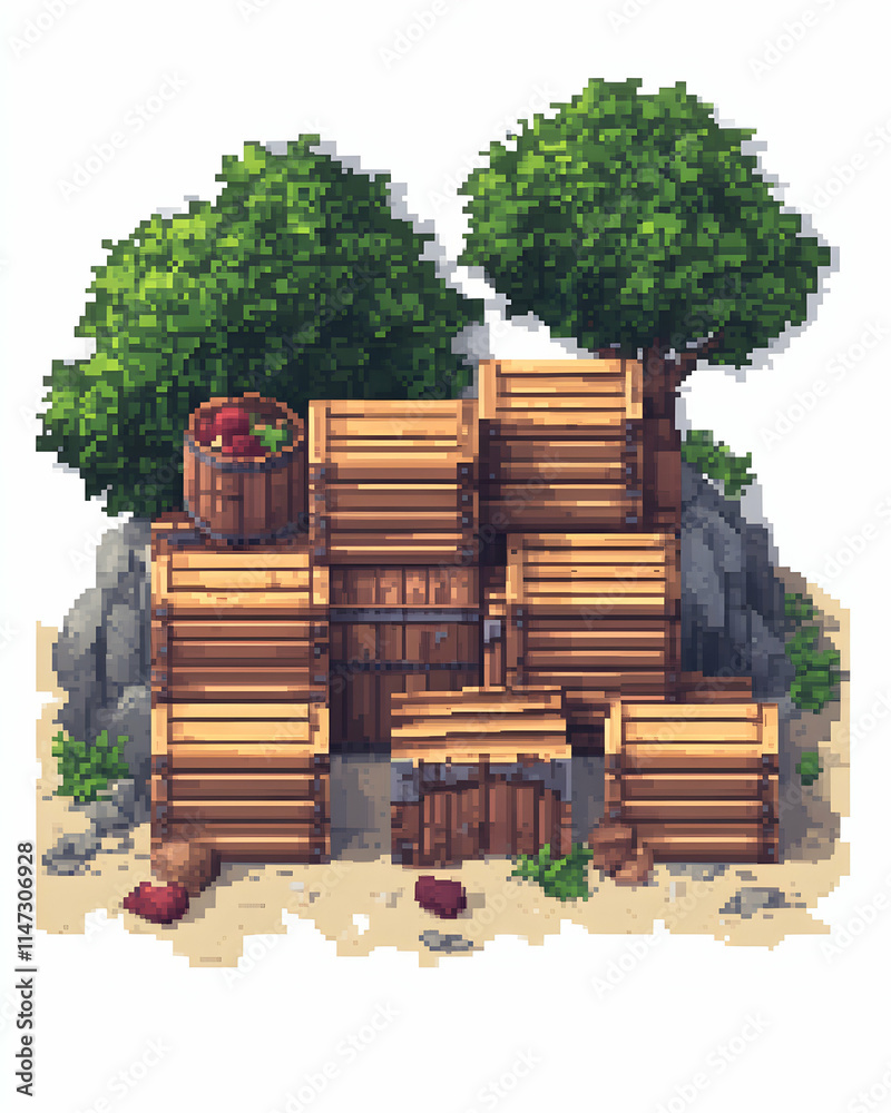 Pixel Art Wooden Crate Storage, Island Game Asset, Trees Background ...