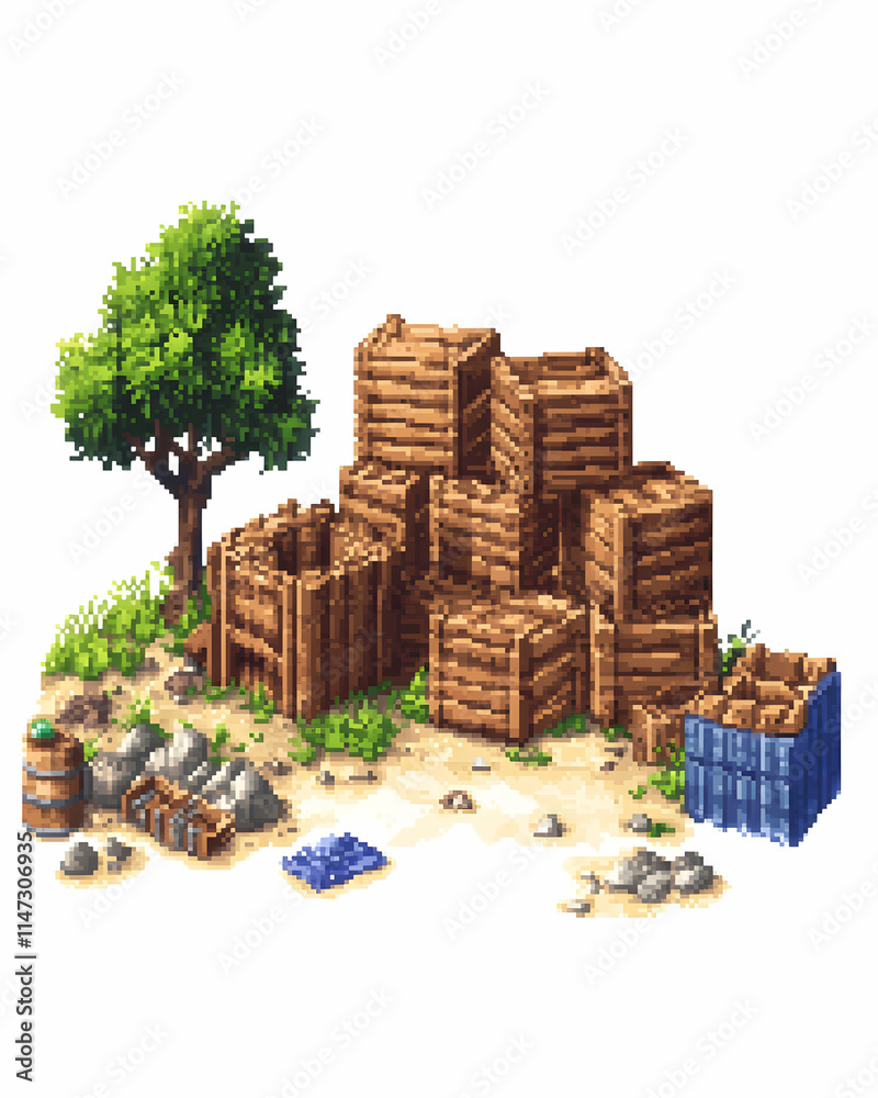 Pixel Art Wooden Crates Outdoor Storage, Rural Setting, Game Asset ...