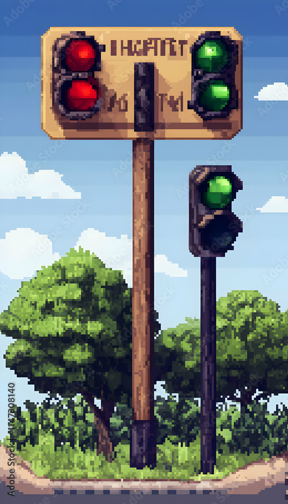 Rustic pixel art traffic light, stop sign, roadside trees, sunny day ...