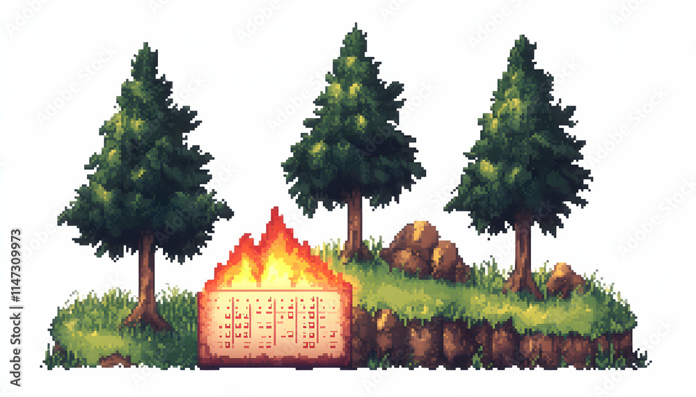 Burning Pixel Art Scroll, Forest Fire, Nature Game Design. Stock ...