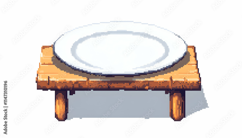 Empty plate on rustic wooden table, isolated white background, pixel ...