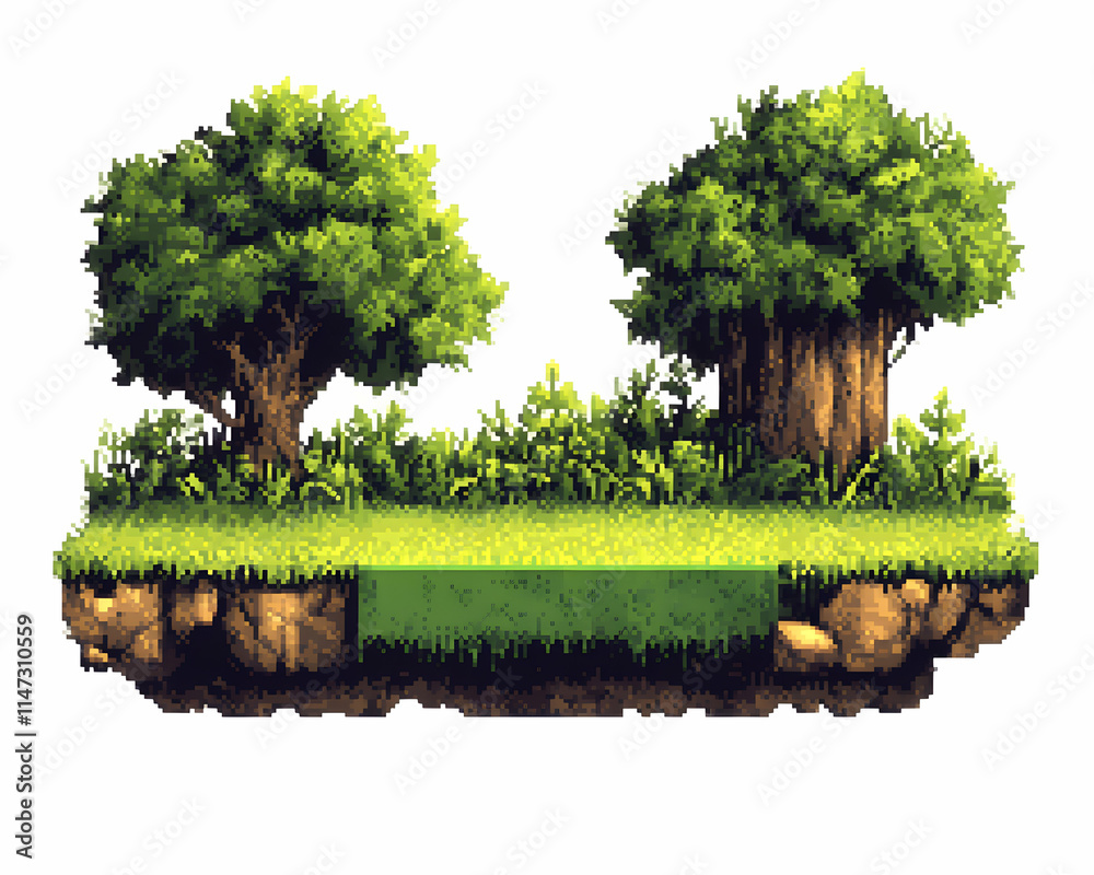 Floating pixel art island game asset; trees, grass, platform; white ...