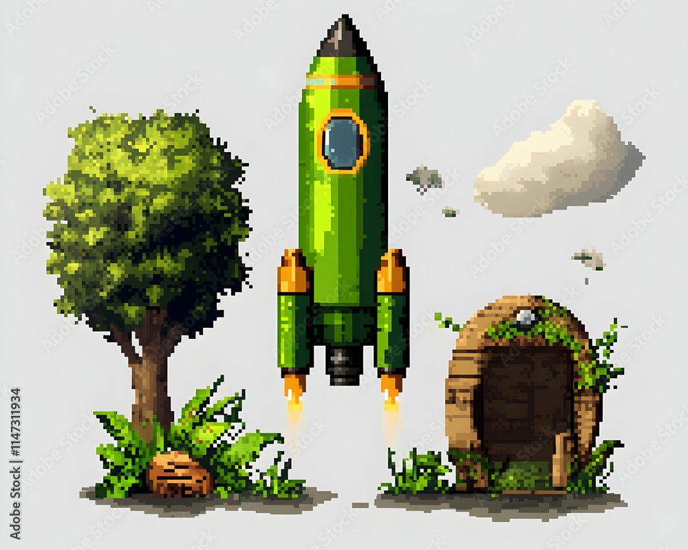 Green Rocket Launching Past Pixel Art Trees & Cave; Game Asset ...