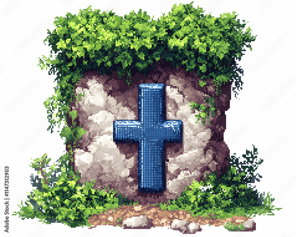 Overgrown Stone Cross, pixel art, nature background, religious symbol ...