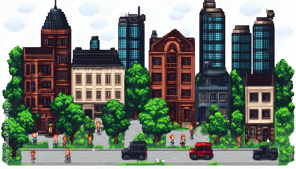 Pixel art city street scene, people walking, diverse buildings, game ...