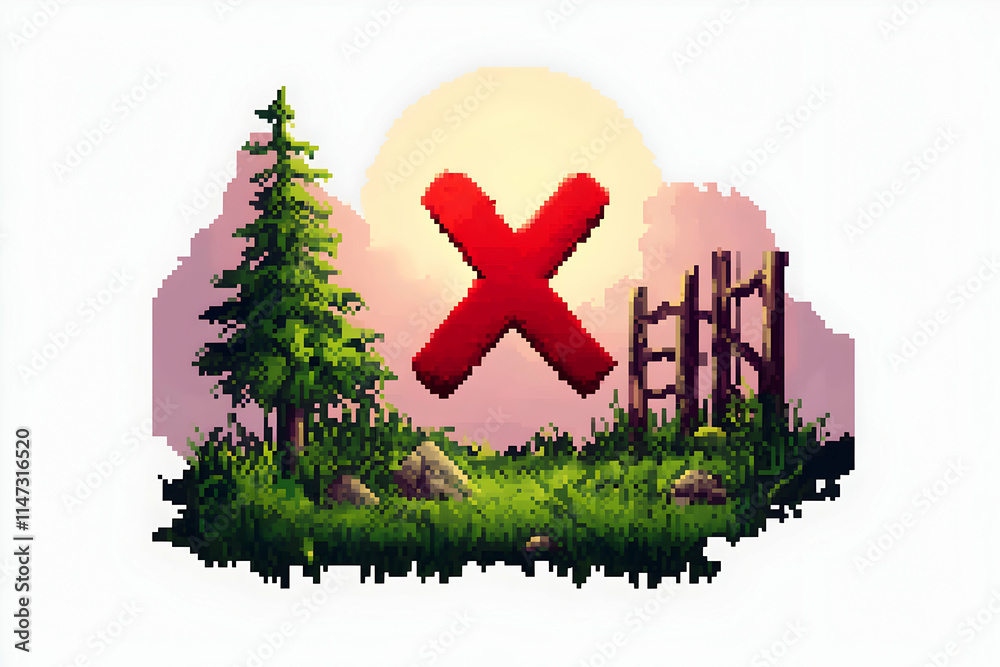 Pixel art forest scene with red X overlay, sunset background, game ...