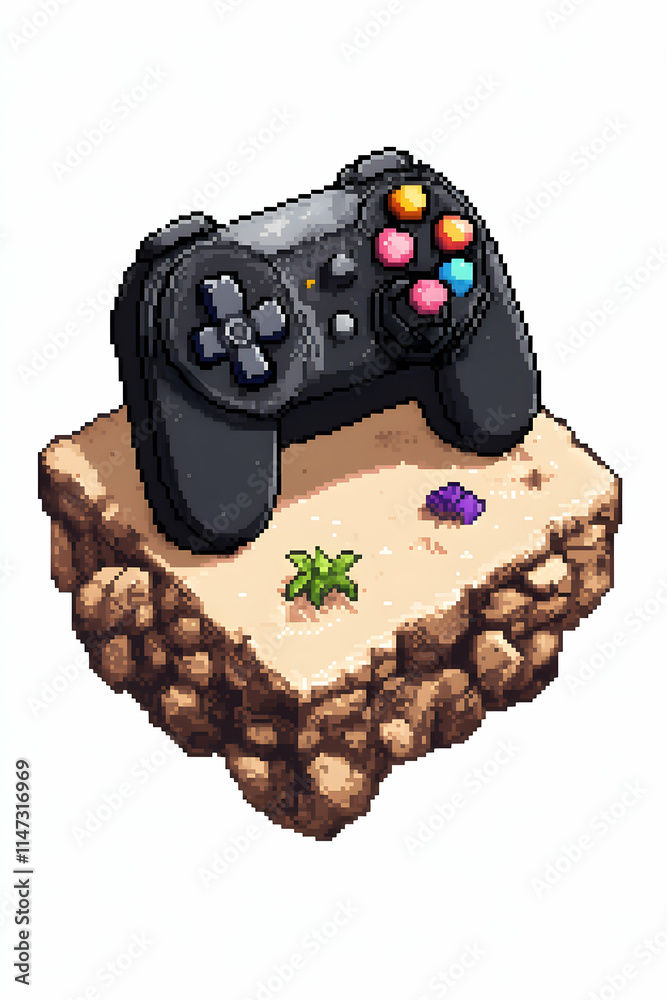 Pixel art game controller on desert island; background, video game ...