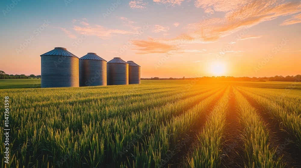 Four silos stand in a golden wheat field at sunset. Perfect for ...